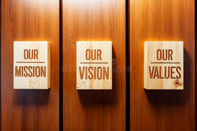 3d Render of Wood Framed Signs with the Word Text "Our Mission", "Our ...