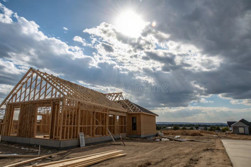 Wood Framing at Construction Site with Bright Sun Stock Illustration ...