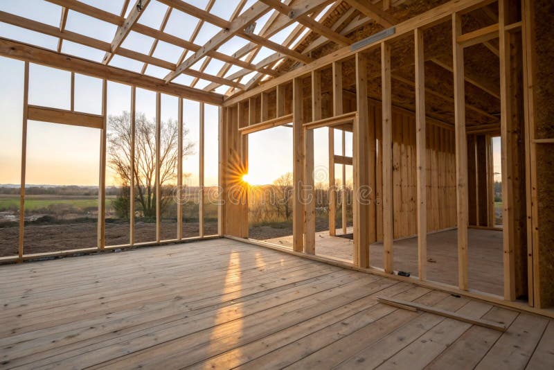 Wood Framing and Flooring Structure with Golden Sunlight Stock ...