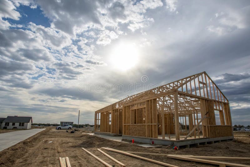 Wood Framing Structure at Construction Site Under Cloudy Sky Stock ...