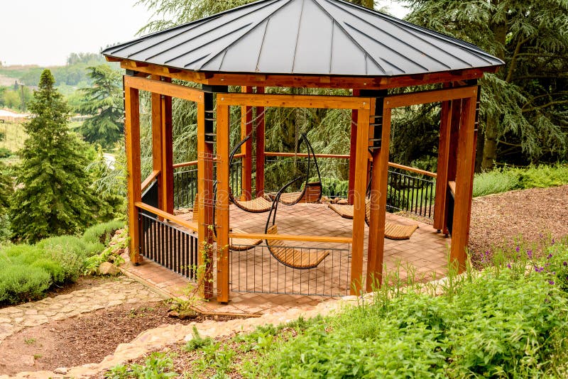 Wood Gazebo Back Yard Garden with Some Empty Swings Stock Photo - Image ...