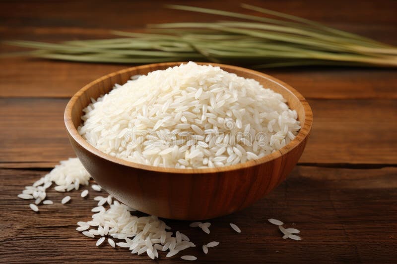 Raw White Rice Scattered on Natural Wood Grain Background for Food ...