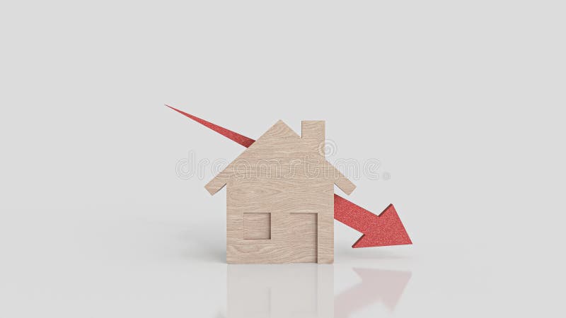 The Wood House and Red Arrow Down for Property or Building Concept 3d ...