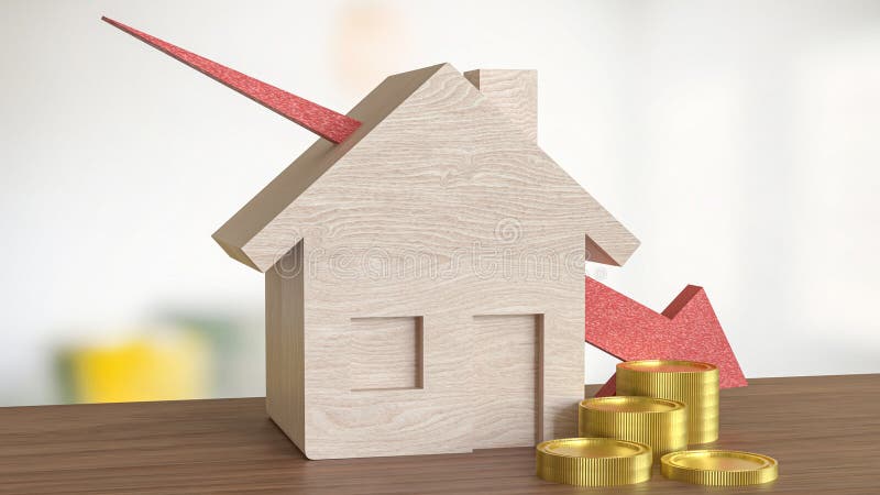 The Wood House and Red Arrow Down for Property or Building Concept 3d ...