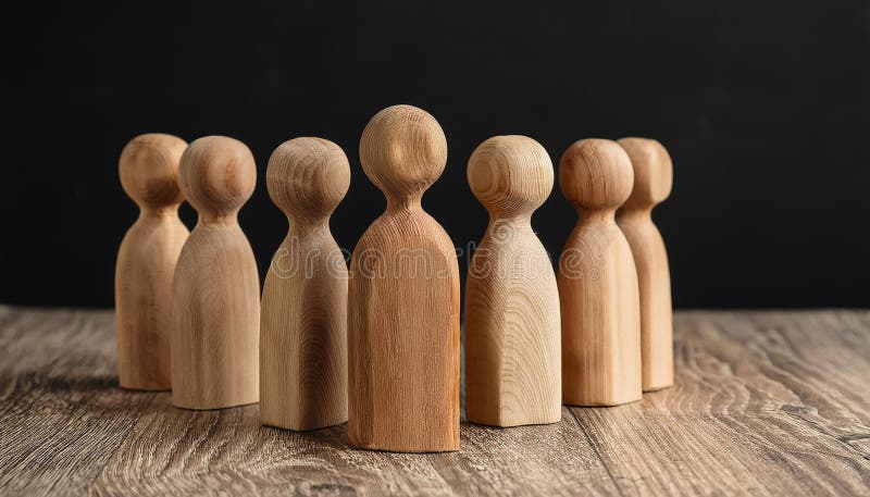 Wood Human Figures on Wooden Table, Black Wall. Unity and Teamwork ...