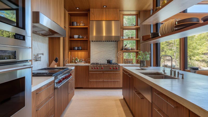 Wood Kitchen with Cooking Cabinet Shelving and Modern Appliances Stock ...