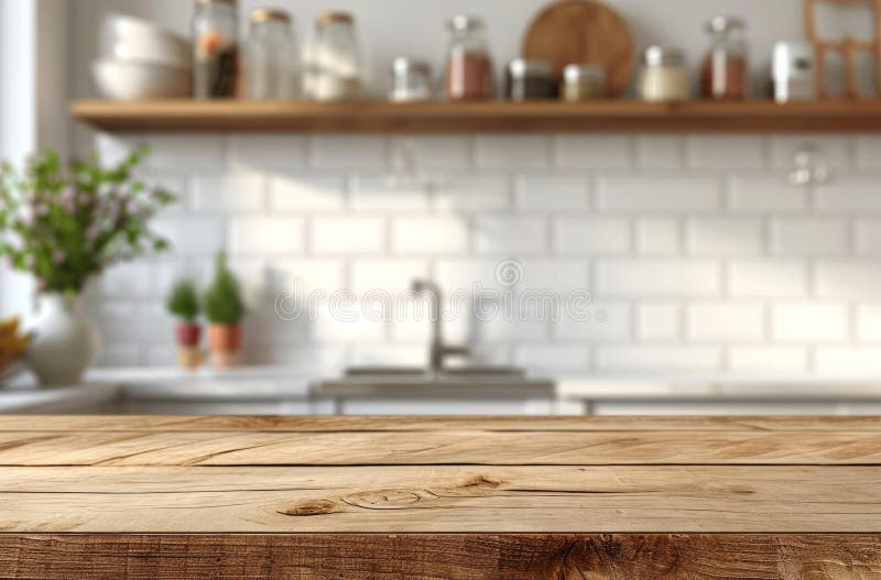 Wood Kitchen Counter with Blurred White Background Stock Photo - Image ...