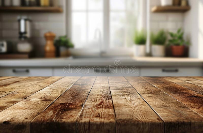 Wood Kitchen Counter with Blurred White Background Stock Photo - Image ...