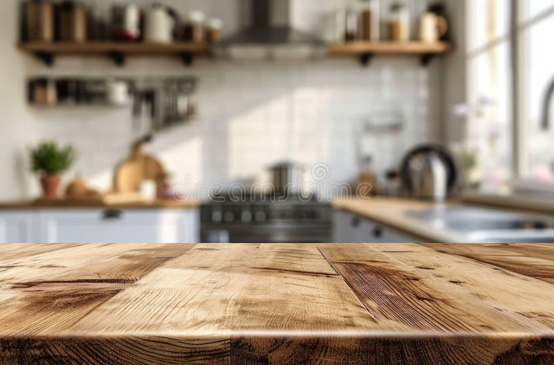 Wood Kitchen Counter with Blurred White Background Stock Image - Image ...