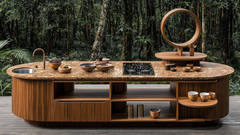 Wood Kitchen Island for Eco-friendly Space in Forest Background ...