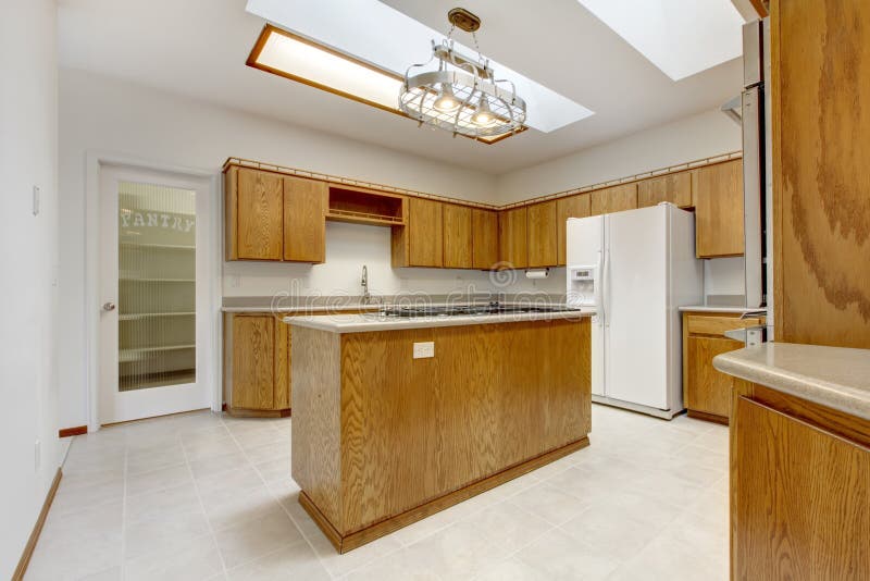 Wood Kitchen with Island without Windows with Bright Light. Stock Image ...