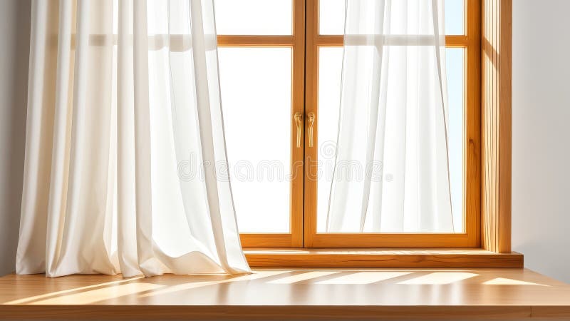 Wood Kitchen Tabletop with Window Background and White Curtain Stock ...