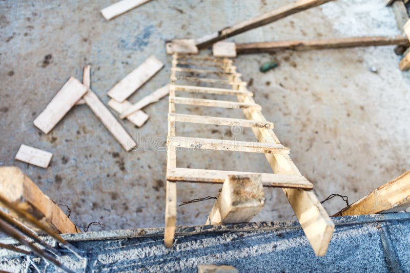 Wood Ladder on Construction Site, Tools and Concrete Renovation Stock ...
