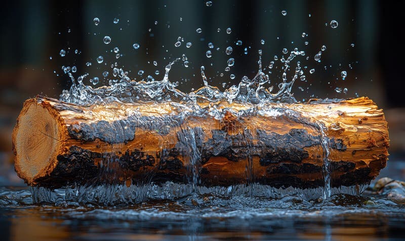 Wood Log Splashing Water Creating Dynamic Droplets and Ripples in ...