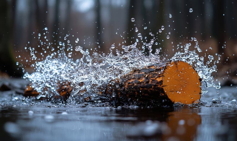 Wood Log Splashing in Water Creating Dynamic Droplets in Serene Forest ...