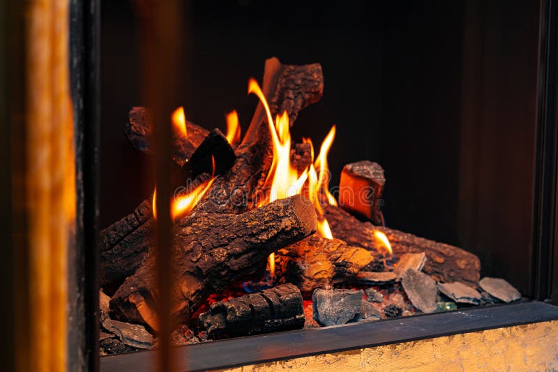 Wood Logs Burning in Fireplace Close Up Stock Image - Image of fire ...