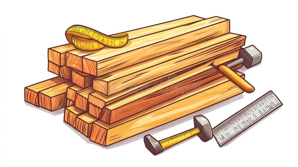 Wood Lumber Stack Illustration with Measuring Tools Stock Illustration ...