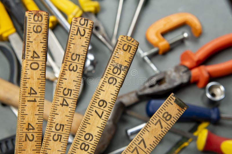 Wood Metric Isolated on Blurred Background with a Variety of Tools ...