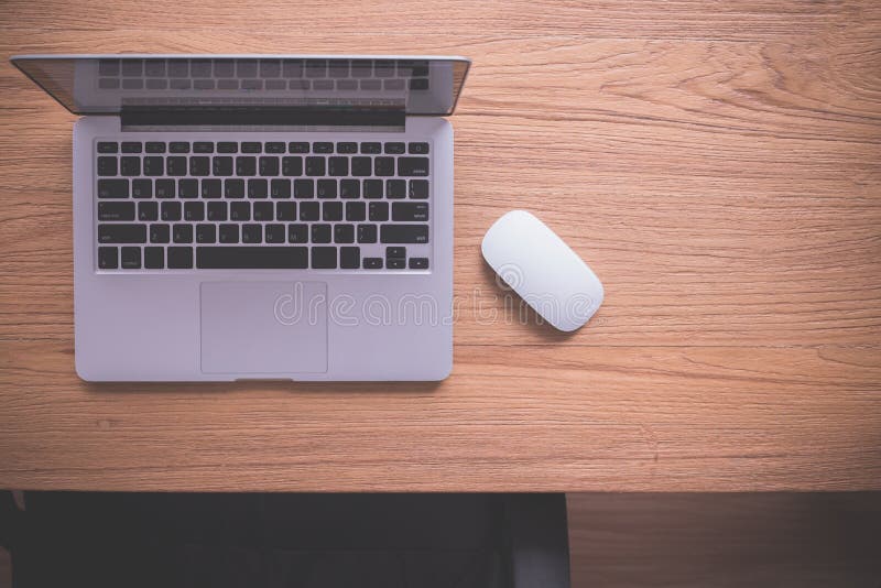 Wood Office Desk with Above of Laptop and Mouse Computer Stock Photo ...