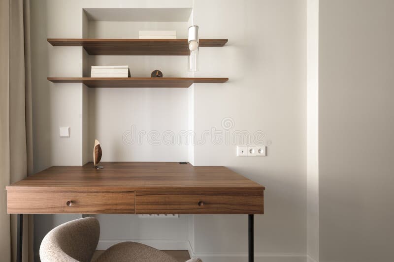 Wood Office Desk Table , Wood Book Shelves in Modern Interior. Stock ...