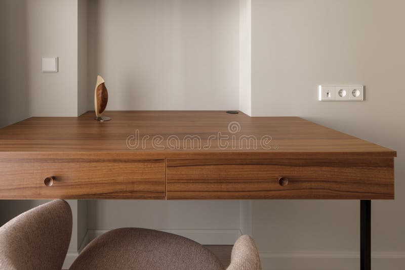Wood Office Desk Table , Wood Book Shelves in Modern Interior. Stock ...