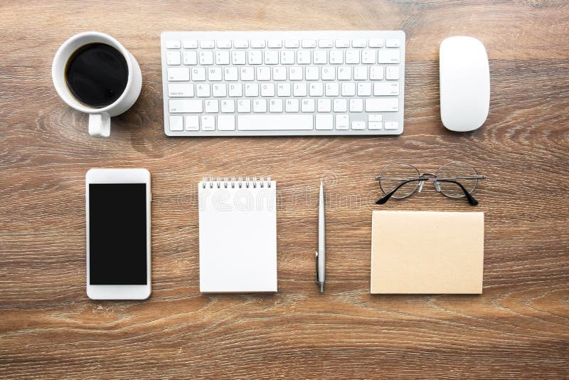 Wood Office Desk Table with Computer Tools, Smartphone, Blank Notebook ...