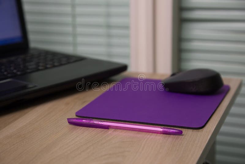 Wood Office Desk Table with Laptop Computer, Wireless Mouse and Pen ...