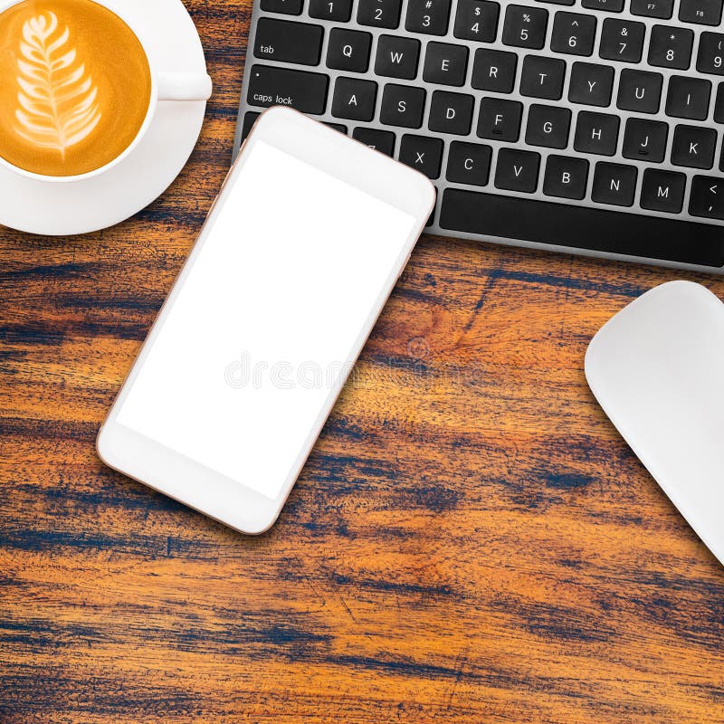 Wood Office Table with Computer Keyboard, Mouse, Smartphone, Hot Stock ...