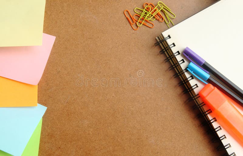 Wood Office Table Top View Have Equipment on the Table , Post it ...