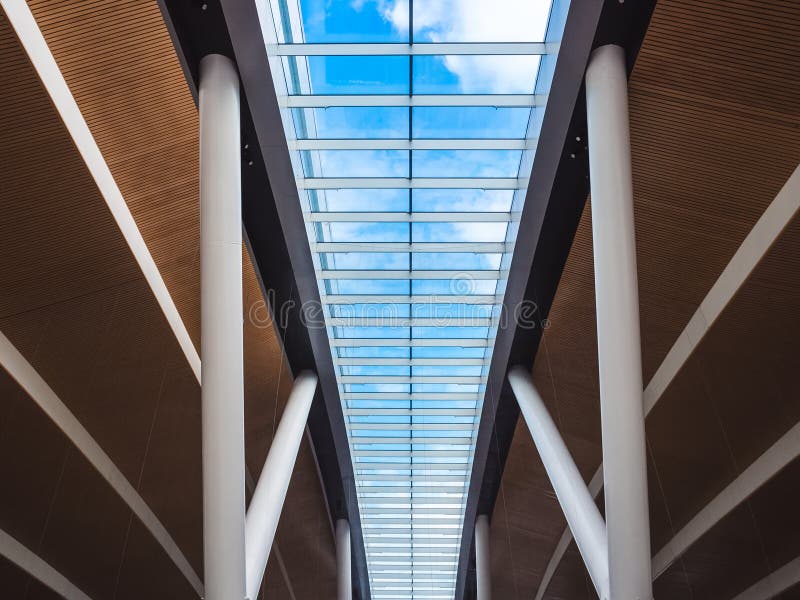 Wood-paneled Ceiling of a Modern Building with Large Glass Windows ...