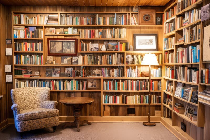 Wood-paneled Wall with Built-in Bookcase, Showcasing a Collection of ...