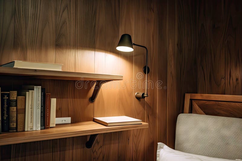 Wood-paneled Wall with Built-in Bookshelf and Reading Lamp Stock ...