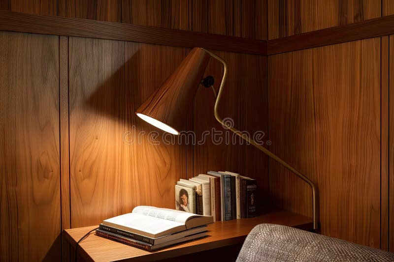 Wood-paneled Wall with Built-in Bookshelf and Reading Lamp Stock ...