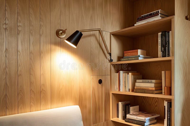 Wood-paneled Wall with Built-in Bookshelf and Reading Lamp Stock ...