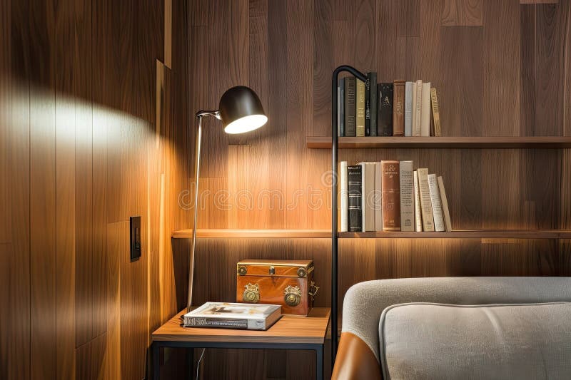 Wood-paneled Wall with Built-in Bookshelf and Reading Lamp Stock ...