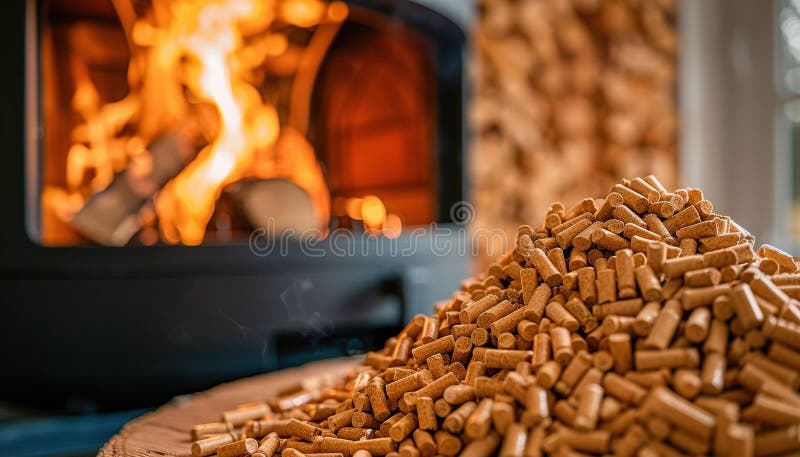 Wood Pellets and Burning Fireplace. Generative Ai Stock Illustration ...