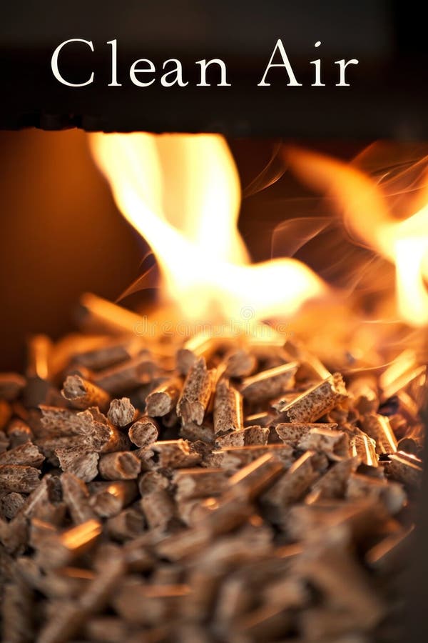 Wood Pellets Burning in Stove with Clean Air Message for ...