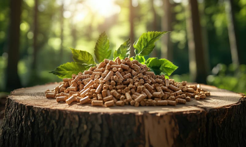 Wood Pellets on Tree Stump Surrounded by Lush Forest Greenery and ...