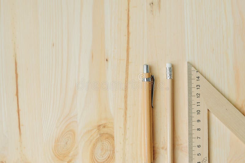 Wood Pencil, Pen, Triangle on the Desk in Daylight Stock Photo - Image ...