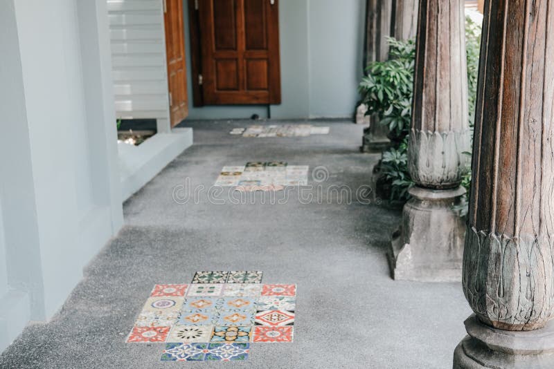 Wood Pillar Along Walkway Pathway in Building Stock Photo - Image of ...