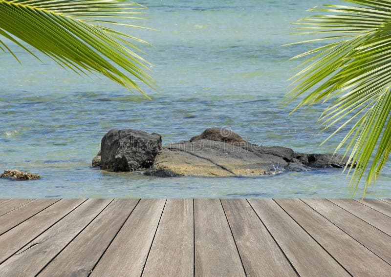 Wood Plank Over Beach with Coconut Palm Tree Stock Photo - Image of ...
