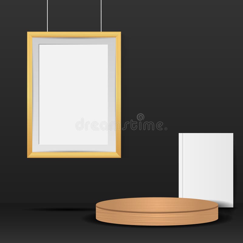 Wood Podium with Book and Frame Background Design Stock Illustration ...
