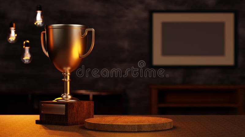 Wood Podium Stand on Table with Trophy, 3d Rendering Stock Illustration ...