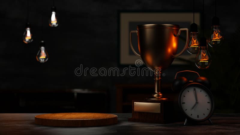 Wood Podium Stand on Working Table Dark Room with Clock and Trophy, 3d ...
