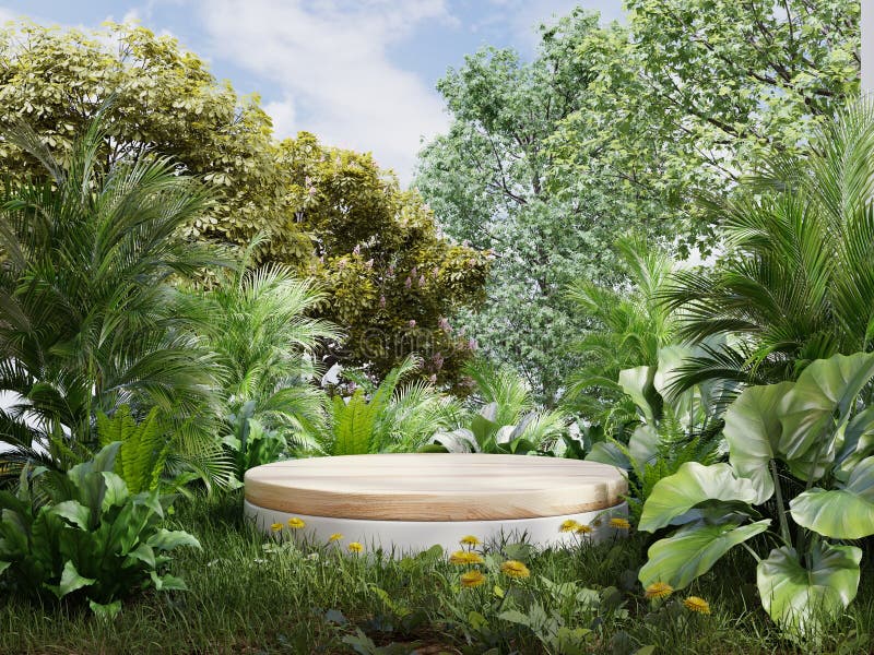 Wood Podium in Tropical Forest for Product Presentation Behind is a ...