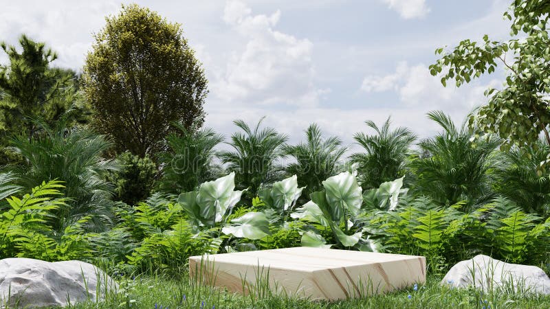Wood Podium in Tropical Forest for Product Presentation Behind is a ...