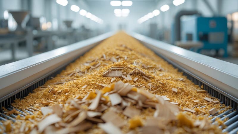 Wood Processing Facility Showcasing a Conveyor Belt Loaded with Sawdust ...