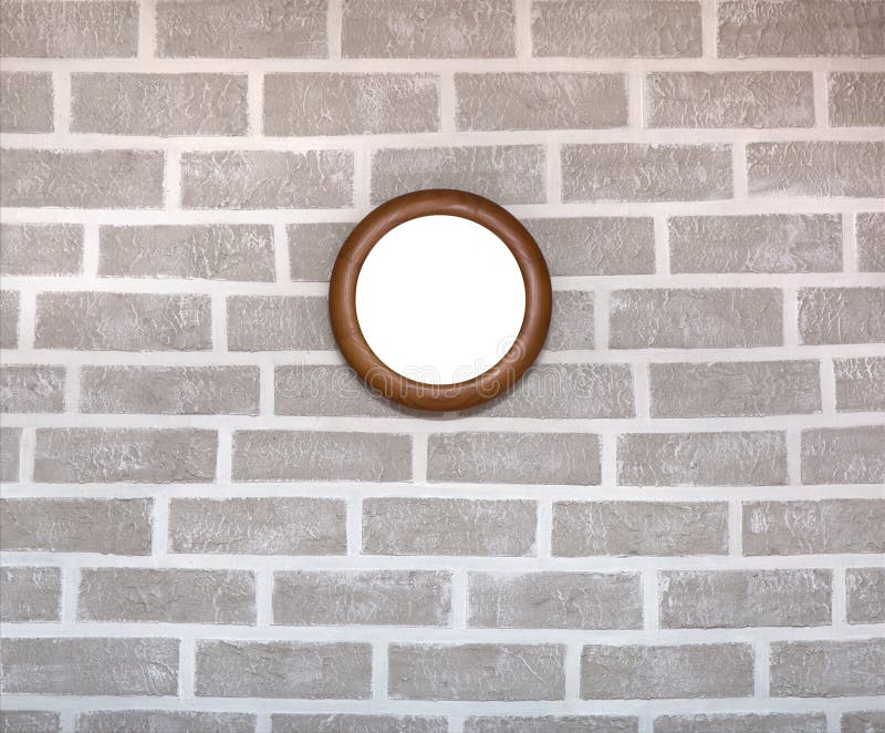 Wood Round Frame on Grey Brick Wall Background. Stock Image - Image of ...