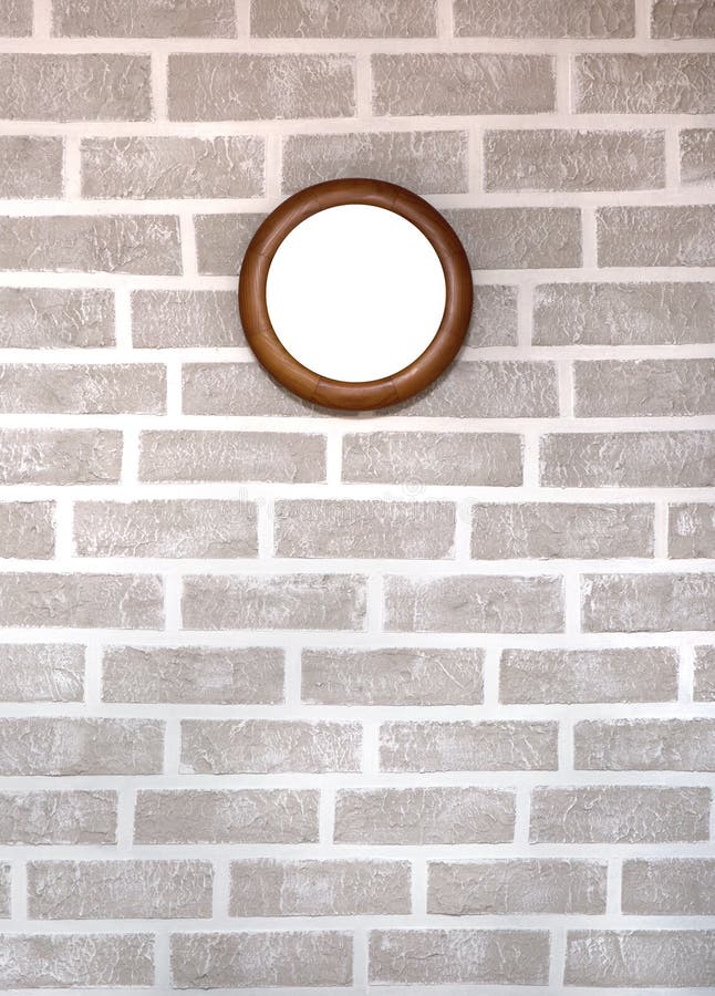 Wood Round Frame on Grey Brick Wall Background. Stock Image - Image of ...