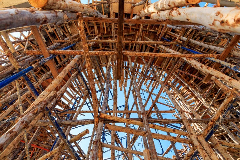 Wood Scaffolding Joint and Bolted Connection Closeup. Textured Wood ...